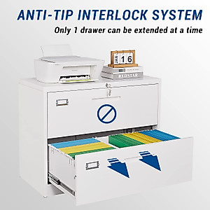 Fesbos Lateral File Cabinet with Lock, 2 Drawer Large Metal Filing Cabinet,Home Office Lockable Storage Cabinet for Hanging Files Letter/Legal/F4/A4 Size-Assembly Required