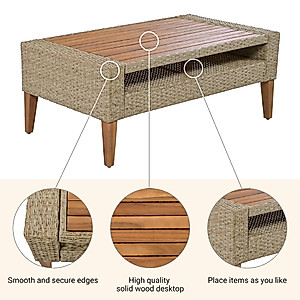 Merax 6-Pieces All Weather PE Wicker Sofa Set, Outdoor Rattan Sofa with Double Cushions, Wood Legs Wood Table Top