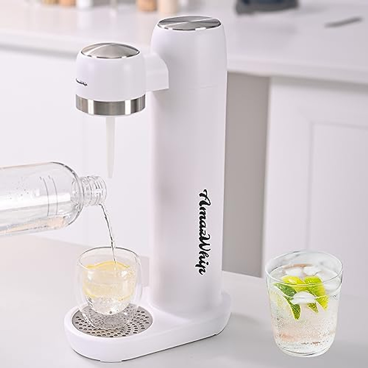 AmazWhip sparkling water maker, paired with CO2 gas canisters and 1L water bottles for Household soda water (White+ 2 canisters)