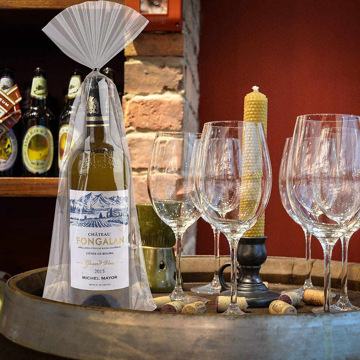 100 pieces Clear Wine Bottle Gift Bags Cellophane Bags with 200 pieces Twist Ties for Gift, Presents, Wine Bottles, Bridal/Baby Showers(8" x 16" + 5")