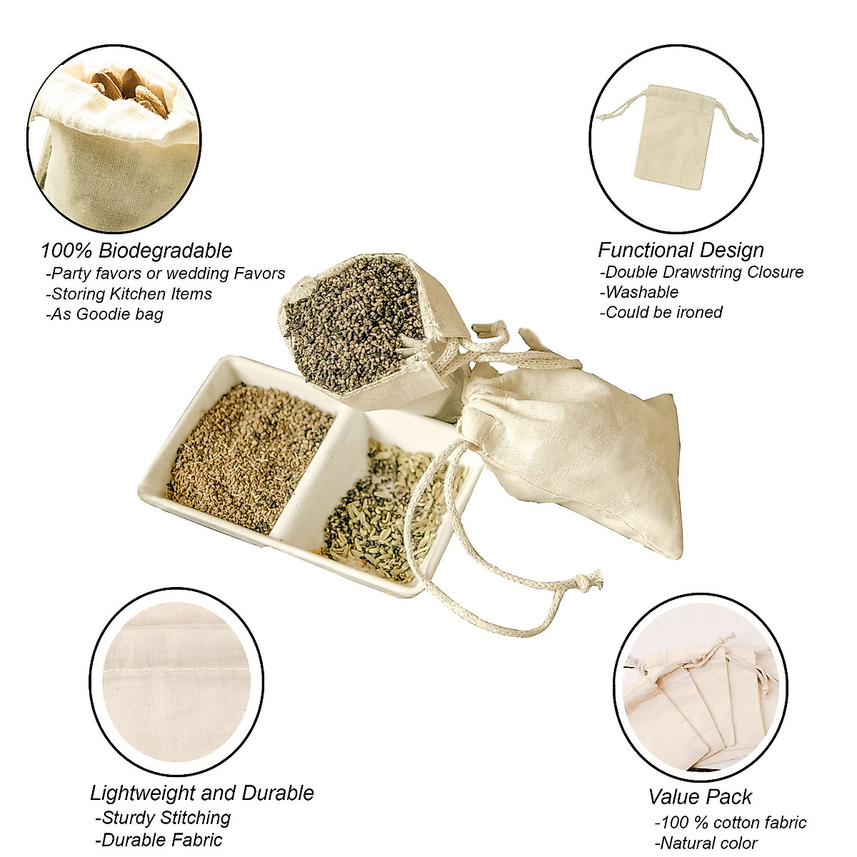 ecogreentextiles 100Pcs Muslin Natural Cotton Bags with Drawstring - 4x6 Inches 100% Organic Cotton used for Everyday Storage Grocery, Dust Cover, Shopping, Gift, Shoe