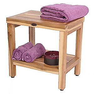EcoDecors Earthy Teak Shower Bench Wooden Seat Eleganto Garden Bench 18″ Length Natural Teak Shower Seat with Shelf Wood Shower Bench for Indoor and Outdoor Use