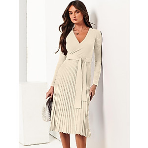 ANRABESS Women's 2024 Long Sleeve Sweater Dress Wrap V Neck Pleated Ribbed Knit A Line Belted Tie Waist Midi Dress Beige Medium
