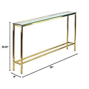 Cortesi Home Juan Console Table, Skinny 56" x 8", Brushed Gold Color with Clear 10mm Glass,CH-AT656930