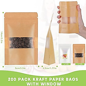 200 Pieces Kraft Paper Stand Pouch Bags Resealable Zip Bags with Matte Window 3.5 x 5.5 Inch White Brown Packaging Treat Bags Sealed Food Storage Bags for Packaging Products, Reusable