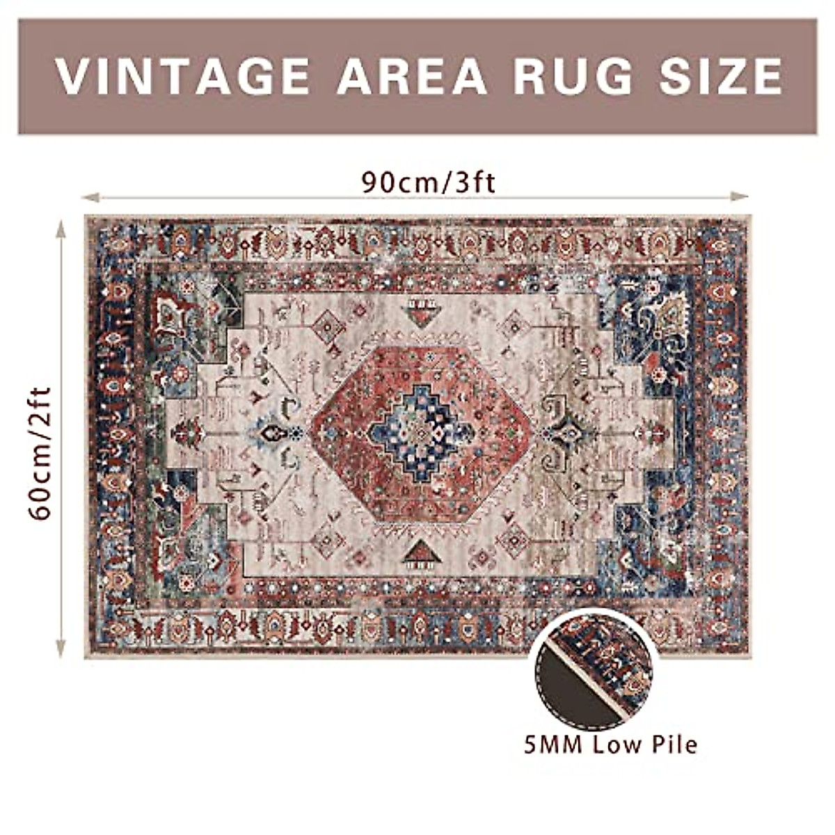 Falflor Area Rug 2'x 3' Vintage Distressed Entryway Rug Non Slip Indoor Door Mat Washable Throw Rug for Bedroom Low Pile Kitchen Floor Mat for Living Room Bathroom Laundry