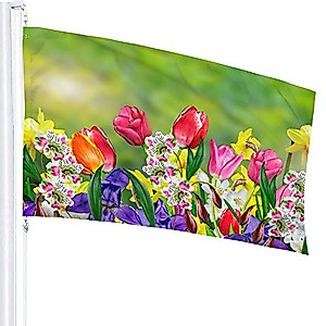 Spring Summer Flowers Daffodils and Tulips Flag 3x5 Ft Large Sewn Polyester Banner Outside Hanging Standard Flag for Yard Garden Lawn Holiday