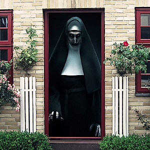 Halloween 3D Nun Door Mural Sticker - 30 x 80 Inches Self Adhesive Door Decal Sticker Horror Ghost Nun Door Wallpaper Peel and Stick Removable Vinyl Decals for Terror Scary Home Party Bar Props