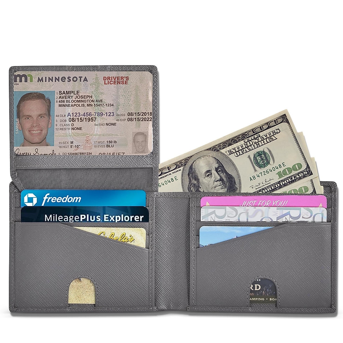 BULLGUARD Mens RFID Blocking Wallet Bifold with Flip Up ID in Saffiano Grey Genuine Leather