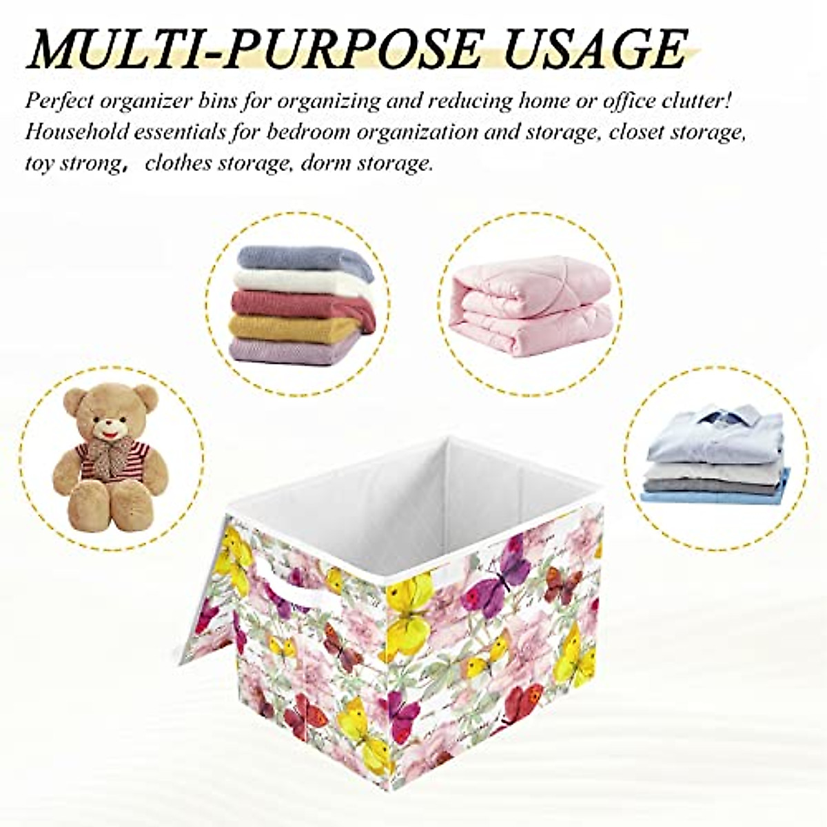 innewgogo Flowers Butterflies Storage Bins with Lids for Organizing Storage Baskets with Handles Oxford Cloth Storage Cube Box for Room