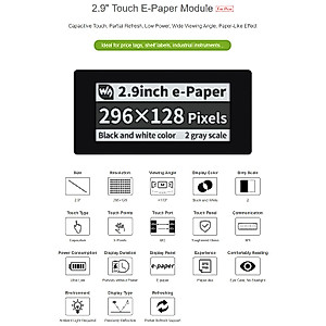 Coolwell 2.9inch Touch E-Paper Module for Raspberry Pi Pico, 5-Points Touch, 296×128 Pixels, Support Partial Refresh, Black/White, SPI Interface