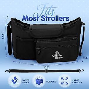 Charlie Tropic Universal Stroller Organizer with Cup Holder - Adjustable Stroller Bag Organizer with 2 Insulated Cup Holders and Detachable Wristlet Pocket for Stroller Accessories,Fits Most Strollers