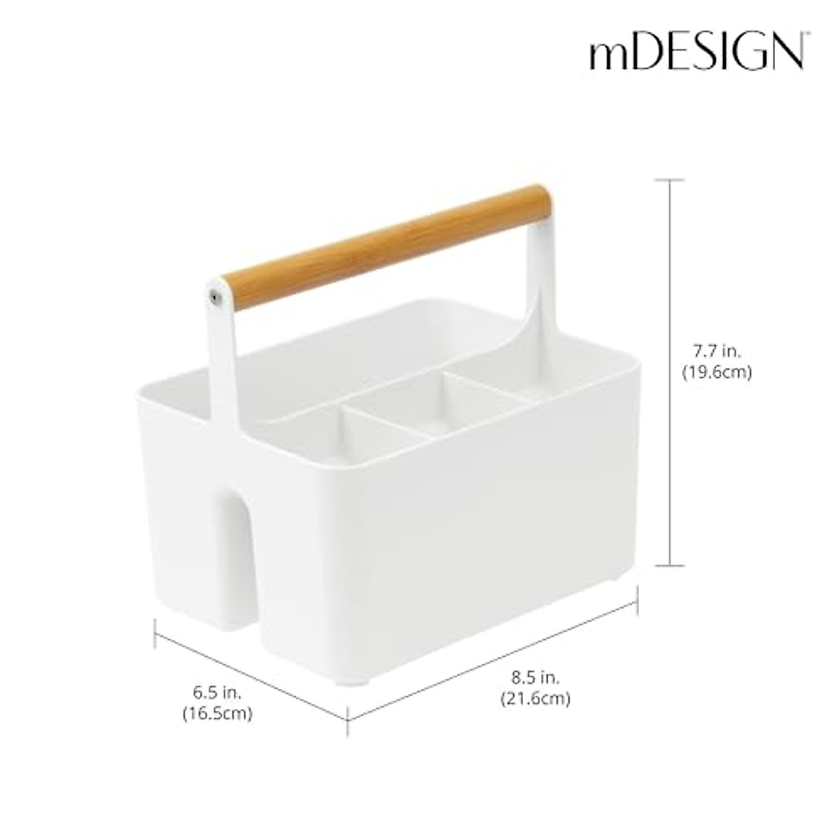 mDesign Plastic Portable Storage Organizer Kitchen Caddy Tote, Divided Bin w/Wood Handle for Napkins, Silverware, Forks, Knives, Spoons - Store in Cabinets, Counters - Aura Collection - White/Natural