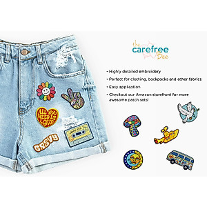 Iron on Hippie Patches Retro - The Carefree Bee | The Beatles Set of 12 Iron On Vintage Patches for Backpacks, Cute Jean Peace Sign Patches for Clothes (Set 4)