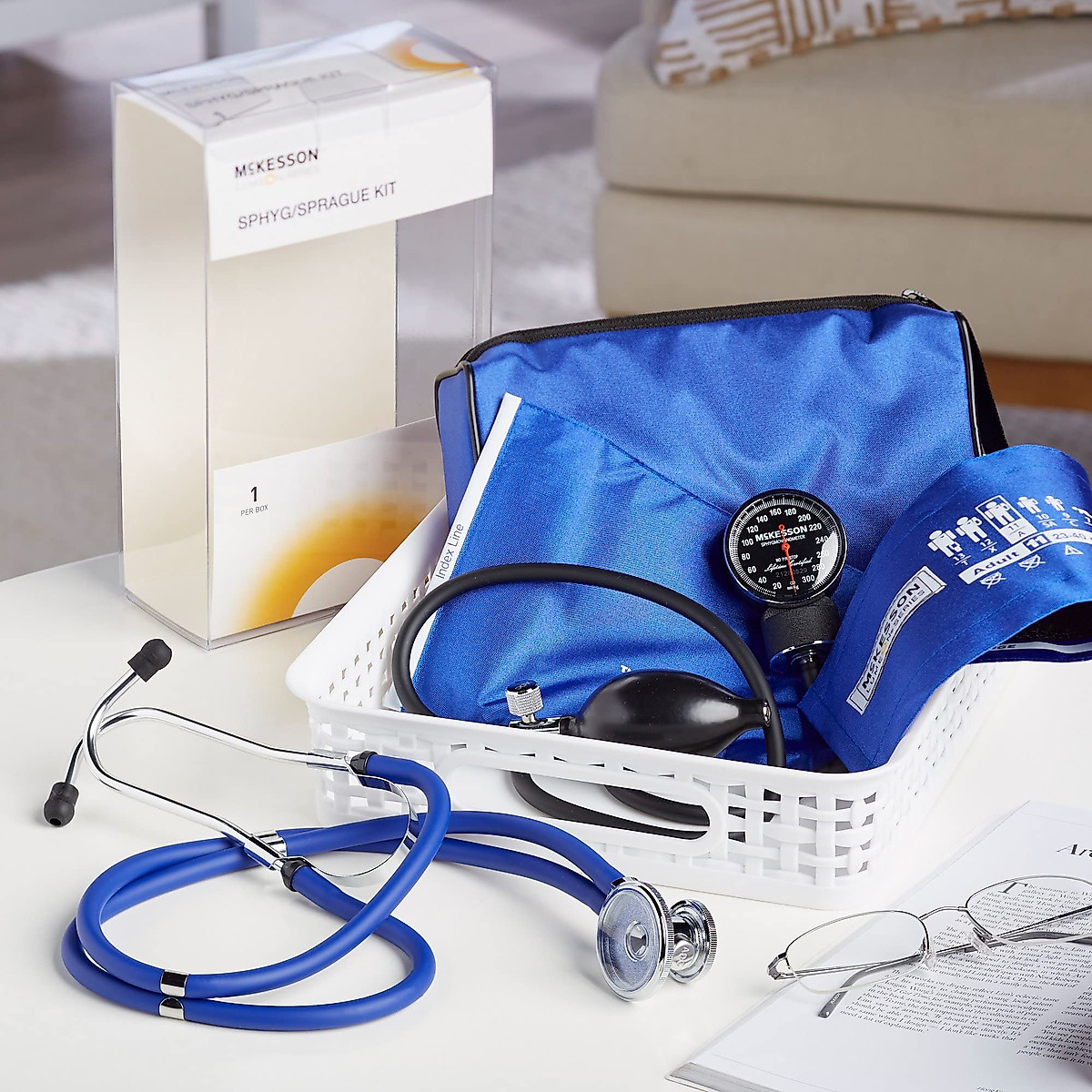 McKesson LUMEON Aneroid Sphygmomanometer and Stethoscope Kit - Pocket Blood Pressure Gauge/Cuff, Sprague Stethoscope, Blue - Size 11, 23-40 cm, 55 cm Tube, 1 Count