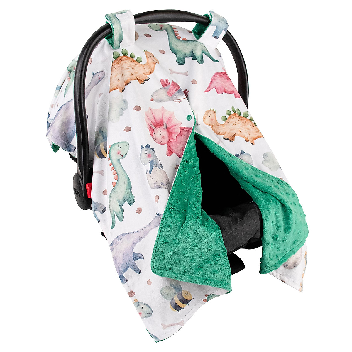 Top Tots Deluxe Minky Baby Car Seat Cover - Baby Dinosaur, 40 x 29 Inch Green