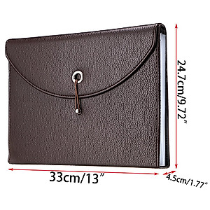 BTSKY PU Leather Expanding File Folders-13 Pockets A4 Letter Size Paper File Folder Accordion Business Document Organizer with Fasteners and Tabs (Brown)