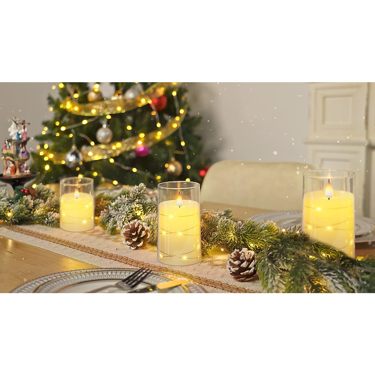 Homemory Flickering Flameless Candles with String Lights, Battery Operated Candles, Embedded String Lights LED Candles, Unbreakable Plexiglass Candles with Remote, Set of 3, Ivory White
