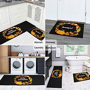 Fuoxowk Thanksgiving Decor Kitchen Mat and Rug Set-Pumpkin Kitchen Rugs and Mats Non Skid Washable,Floor Cushion Waterproof Rug,Rubber Backed Area Rugs for Kitchen sink,Laundry Room,Indoor Floor,Black