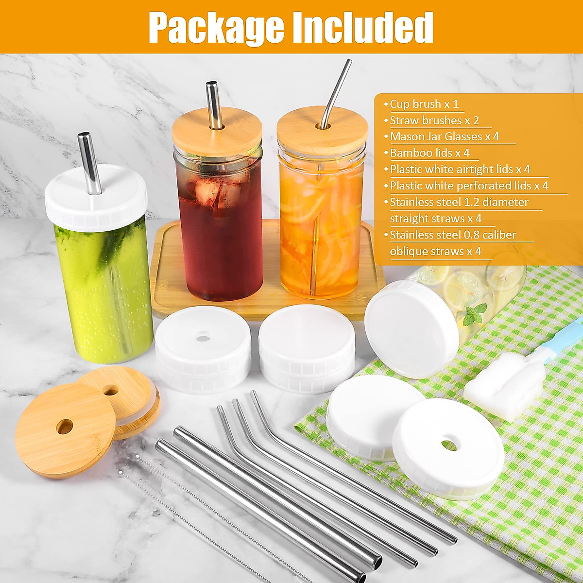 Qmioti 4 Pack Mason Jar with Lid and Straw, 22oz Wide Mouth Glass Cups, Reusable Drinking Glasses for Coffee, Juicing, Bubble Tea, Smoothie
