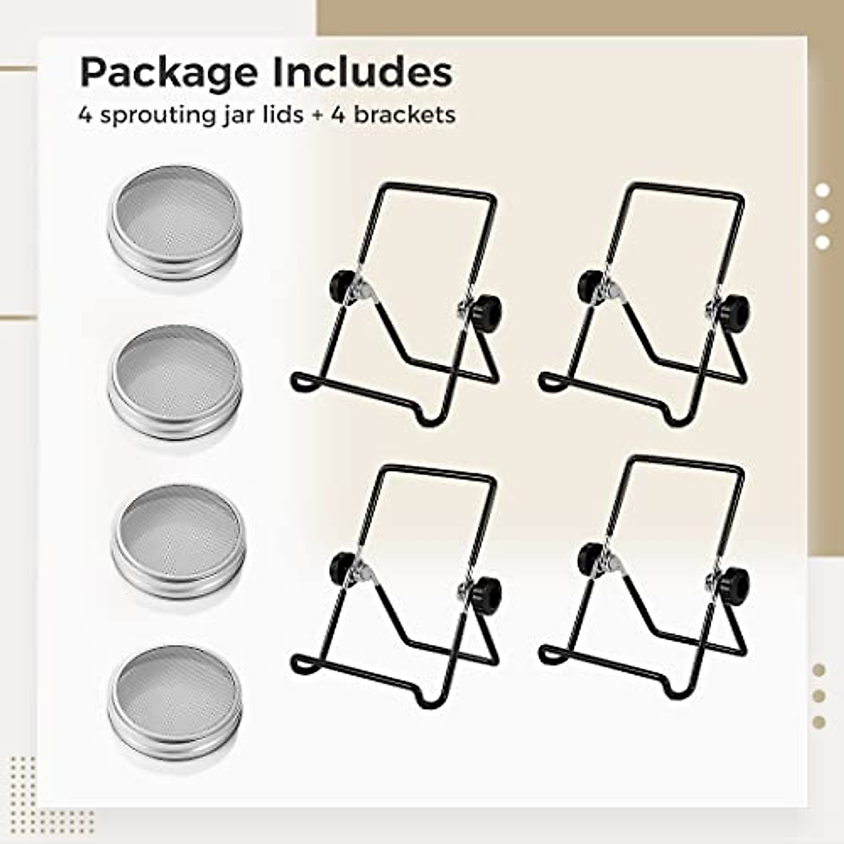 Homaisson 4 Packs Sprouting Jar Lids Sprouting Stand, Stainless Steel Mason Sprouting Jar Lids with 4 Jar Stands, 3.39inch Breathable Wide-Mouth Sprouting Jar Lids for 3.39inch Mason Jars, Grow Bean Sprouts, Broccoli Seeds, Alfalfa,