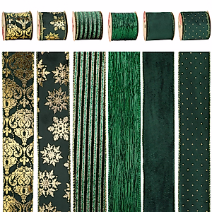 HUIHUANG Green Velvet Christmas Ribbons - Wired for Trees, Wreaths, Garlands, Bows - 2-1/2" x 6 Rolls, 36 Yds Total