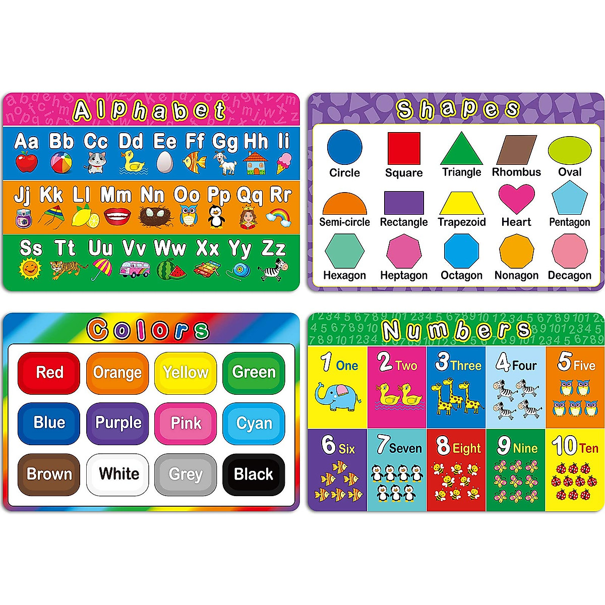 Patelai 4 Pcs Educational Preschool Placemat for Toddler and Kid, Non Slip Washable Reusable Learning Placemat for Nursery Homeschool Kindergarten Classroom Supplies(Alphabet, Shape, Color, Number)