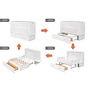 Cotoala Queen Size Mobile Murphy Bed with Storage Drawer, Wood Bedframe w/Little Shelves on Each Side, Can Convert to Cabinet for Guest Room Home Office