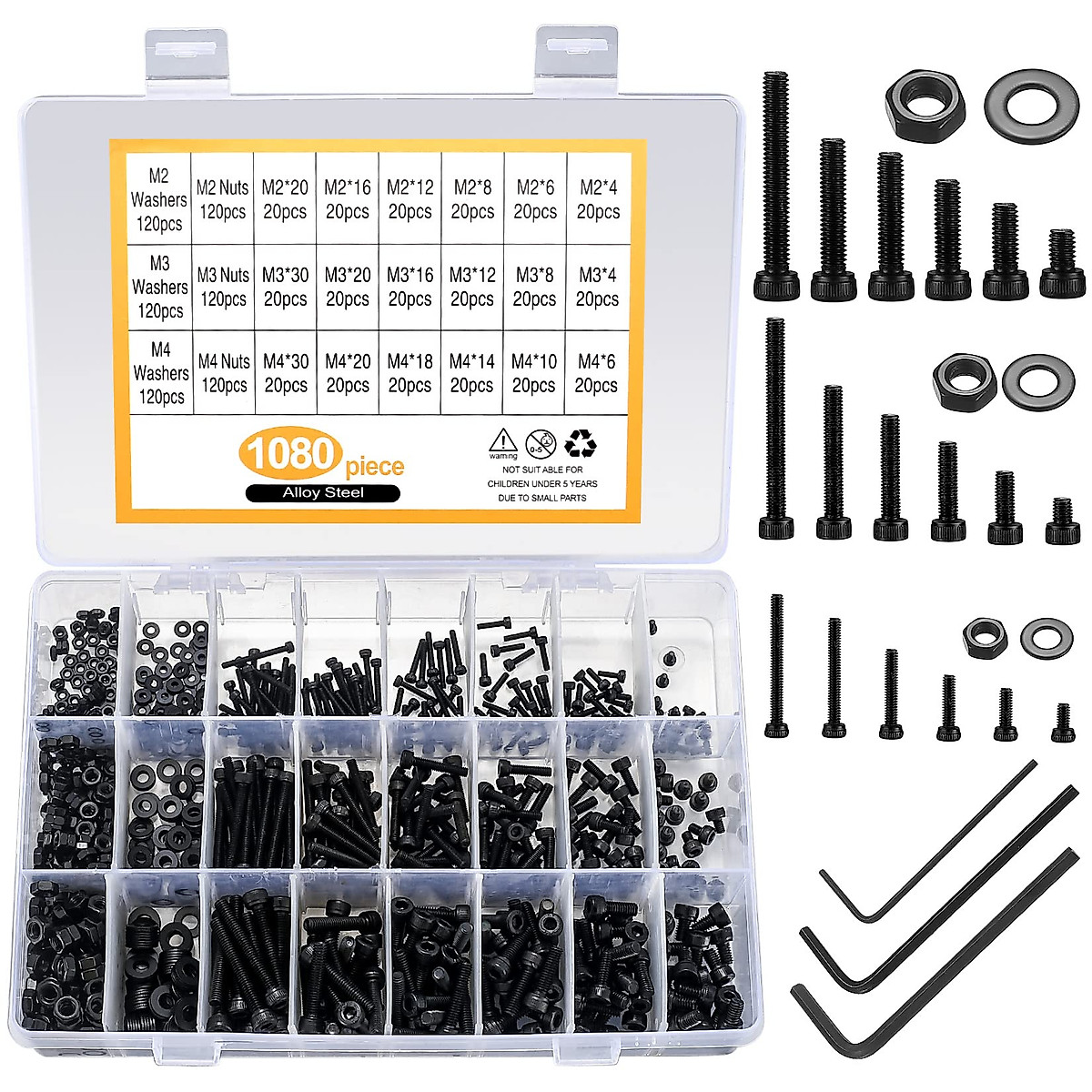 1080 Pcs M2 M3 M4 Hex Button Socket Head Cap Screws Bolts Nuts Flat Washers Assortment Kit, Alloy Steel Black Machine Screws and Nuts and Bolts and Washers Set (1080Black)