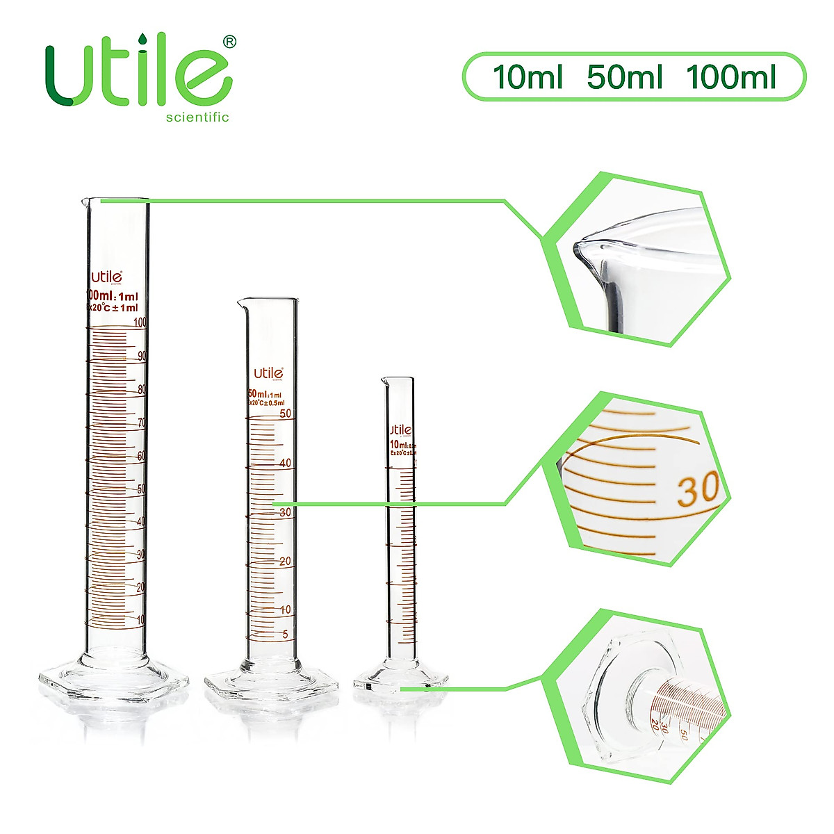 Utile Glass Graduated Cylinder Set, 3 Sizes Measuring Cylinders in 10ml 50ml 100ml, Borosilicate 3.3 Glass with Hexagonal Base, 3ml Transfer Pipettes and 1 Cleaning Brush Offered, 4099.0016.1.