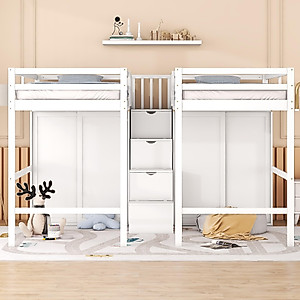 BIADNBZ Wooden Double Twin Size Loft Bed with Two Wardrobes and Staircase for Kids/Teens/Bedroom,White