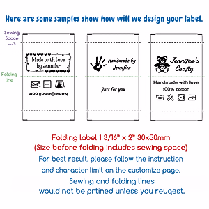 Set of 100pcs Personalized Sewing Label Custom Fabric Clothing Tags Handmade with Love Design Your Logo Silky Satin Sewing tag Hanging Folding tag sew in Label fold Over Labels, Black, White