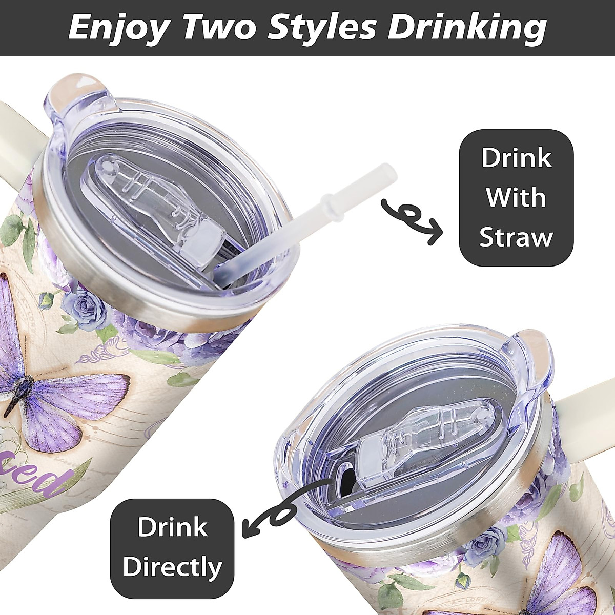 Thmasamwr Butterfly Tumbler With Lid, Straw and Handle - 40oz Stainless Steel Travel Coffee Mug Water Bottle - Gift Cup for Women and Girls