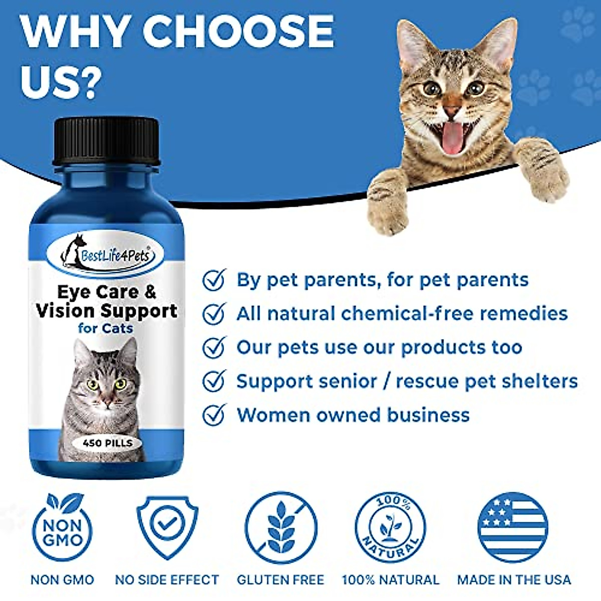 Eye Care and Vision Support for Cats - Holistic Kitten Eye Infection Treatment Helps with Conjunctivitis, Swelling, Discharge and More - 450 ct. Easy to Use Pills Relieve the Cat Eye Drops Struggle