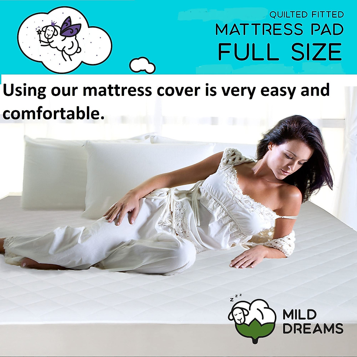 Full Mattress Pad Cotton Cover Size 54x75 inches Stretches to 16 Deep - Fitted Quilted Sheet for Full Bed , Cotton Cover