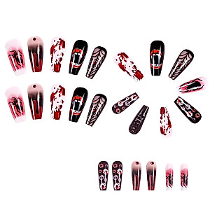 Halloween Press on Nails Medium Coffin Fake Nails Spider Eyeball Halloween Nails Press on Bloodstain Spider Web Acrylic Full Cover False Nails with Designs Gloosy Glue on Nails for Women&Girls 24PCS
