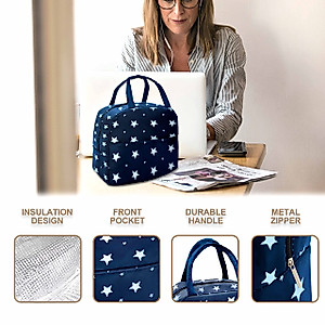 Sonuimy Insulated Lunch Bag Women, Reusable Cute Tote Lunch Box for Men & Adult, Leakproof Cooler Lunch Bags for Work Office Travel Picnic (Navy Blue with Star)