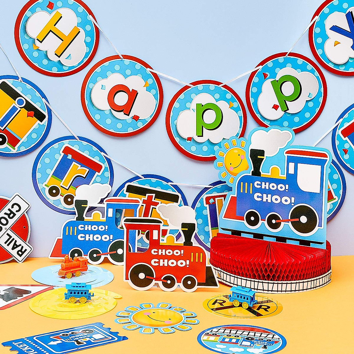 Train Birthday Themed Party Decorations Set, Happy Banner Train, Train Centerpiece, with 6 Pieces Train Hanging Swirl Decoration for Train Honeycomb Birthday Baby Shower Party Supplies
