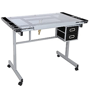 JupiterForce Adjustable Drafting Table Drawing Desk Art Desk Versatile Art Craft Work Station Glass Tabletop w/2 Slide Drawers and Wheels for Reading, Writing, Painting Home Office