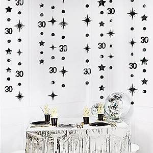 Black 30th Birthday Decorations Number 30 Circle Dot Twinkle Star Garland Metallic Hanging Streamer Bunting Banner Backdrop for Mens Womens Happy Dirty 30 Year Old Thirty Anniversary Party Supplies