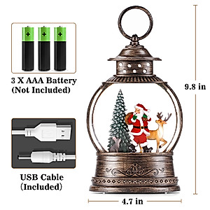 Christmas Snow Globes Musical with Santa Claus & Reindeer, Kikth Snowglobes Christmas Lantern Glitter Lighted for Christmas Decorations and Gift, Bronze