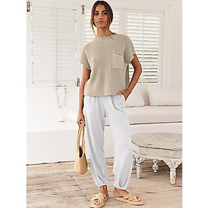 ANRABESS Women's Two Piece Outfits Knit Sweater Vest Crop Top Pants Lounge Matching Tracksuit Sweatsuit Travel Clothes Sets Khaki White Small