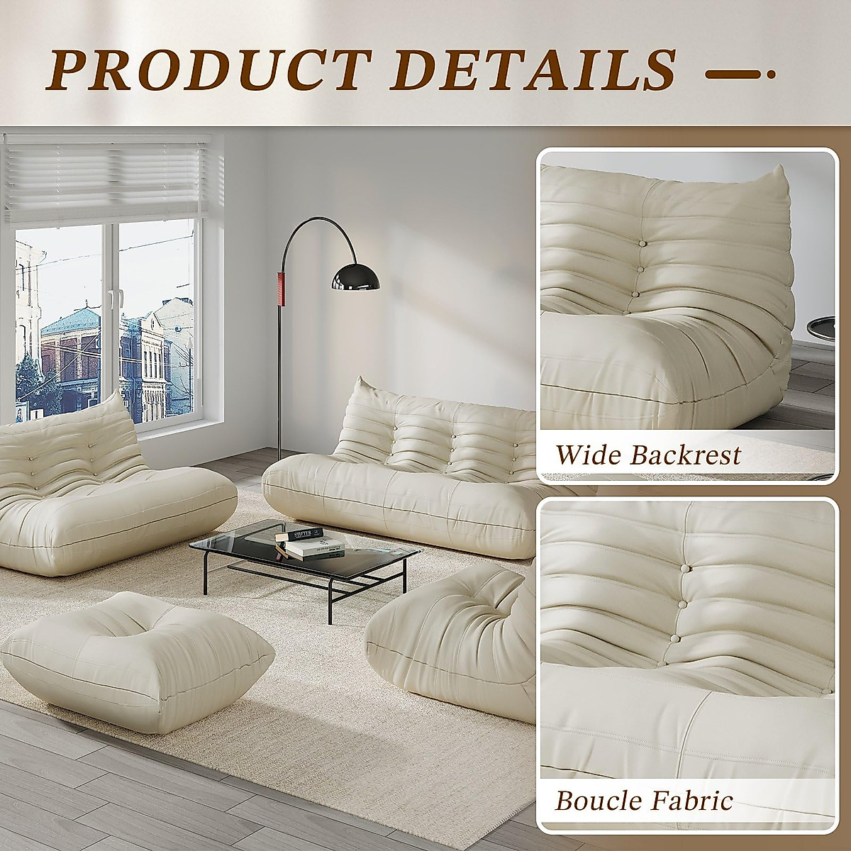 Comfy Lazy Floor Sofa Couch,Soft Armless Chair,Faux Leather Lounge Chair,Corner Relax Sofa Couch for Living Room Bedroom,Salon Office,Adults(White)