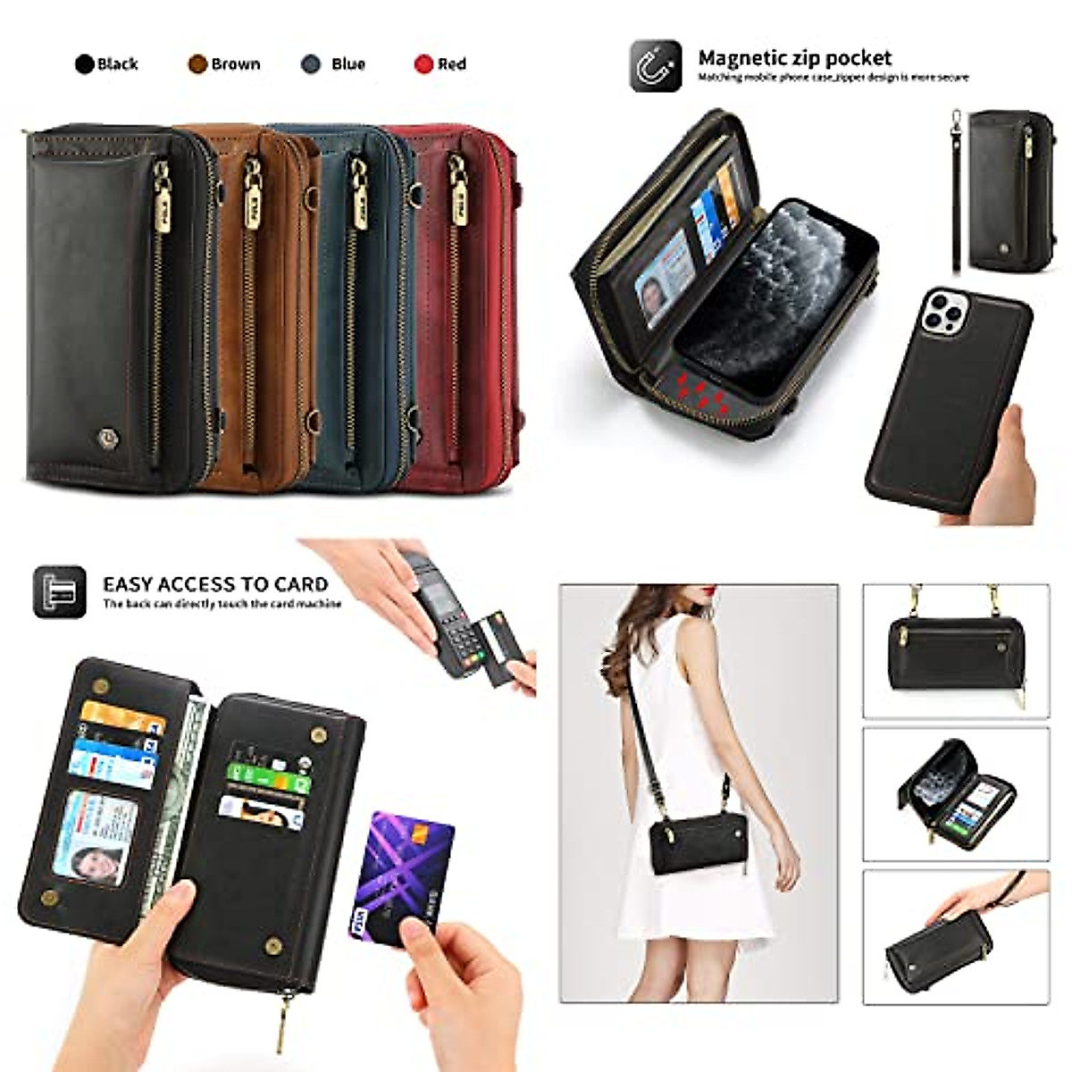 nincyee Multifunction Wallet Case for iPhone 11,Large Capacity Leather Zipper Clutch Bag Case with Shoulder Strap Black