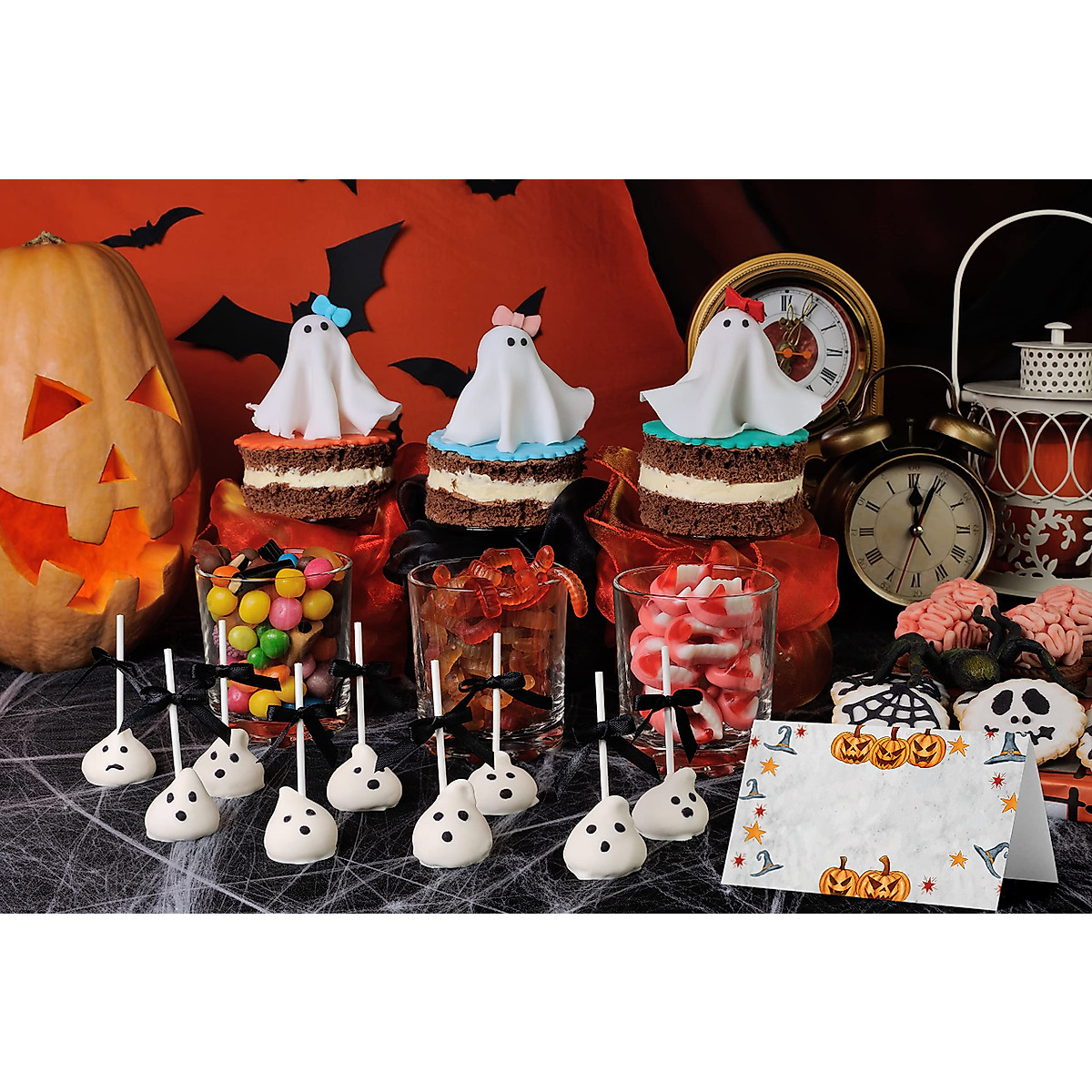 Halloween Place Cards (3.5 x 2 in) 25 pcs, Table Name Cards for Halloween Party, Seating Name Cards, Food Labels, Scored for Easy Folding, Halloween Party Supplies, Fiesta Party - SJK030