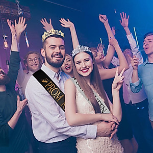 4 Pcs Prom King and Queen Crown Set with Sashes Prom King and Queen Sashes Suit Shiny Satin Prom Crowns Tiara Sash for Prom Birthday Wedding School Graduate Party Favors