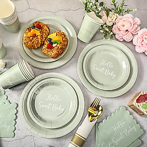 Mifoci 122 Pcs Baby Shower Sage Green Party Supplies Include 7 Inch 9 Inch Disposable Sage Green Paper Plates 9 oz Paper Cup Sage Green Napkin Cocktail Napkins