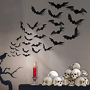 FilmHoo 88 Pcs 4 Sizes Halloween Decorations PVC 3D, Scary Bats Wall Stickers Set DIY Bat Clings for Halloween Party Home Decor Indoor Outdoor (Black)
