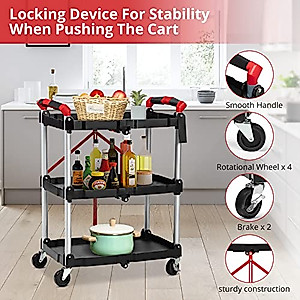 Collapsible Service Cart,3-Tier Portable Cart/Detailing Cart/Utility Carts with 2 Lockable Wheels Use for Home/Commercial/Office/Warehouse,Black, 56 Lb. Load Capacity Per Shelf
