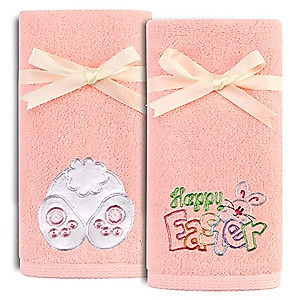 GreenPine 2 Pack Easter Hand Towels Pink Rabbit Tail 100% Cotton Embroidered Premium Luxury Decor Bathroom Decorative Dish Towels Set for Drying, Cleaning, Cooking, Holiday Towels Gift Set 14 "X 29"